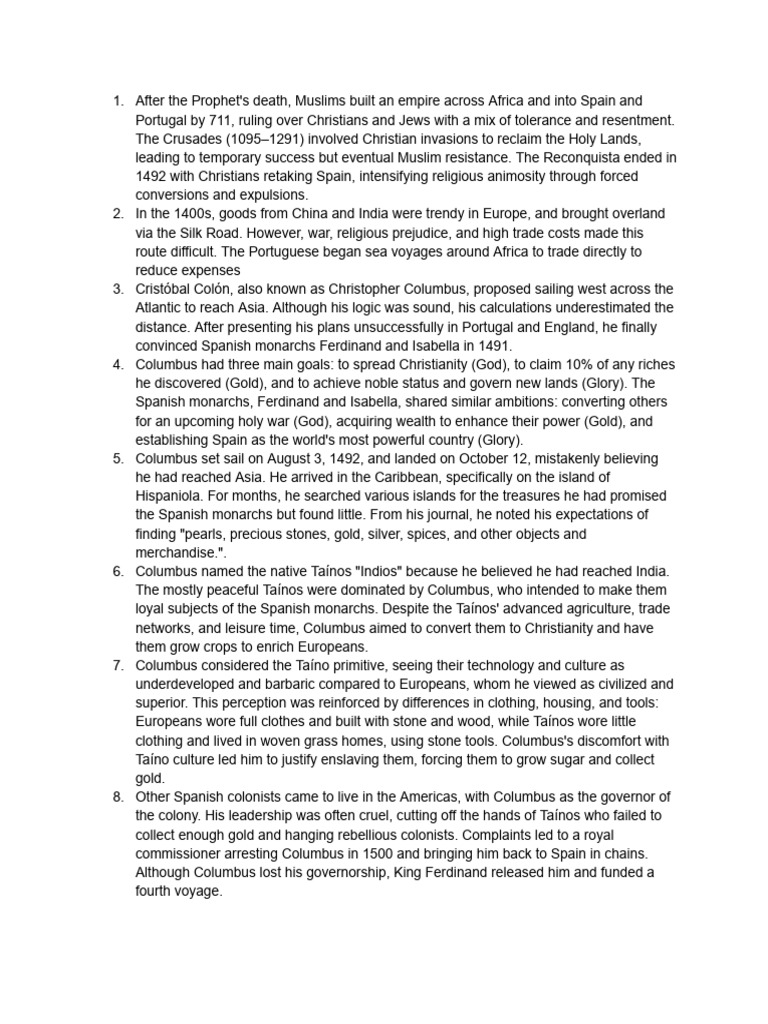 Columbus' History Notes | PDF | Christopher Columbus | Spanish Empire