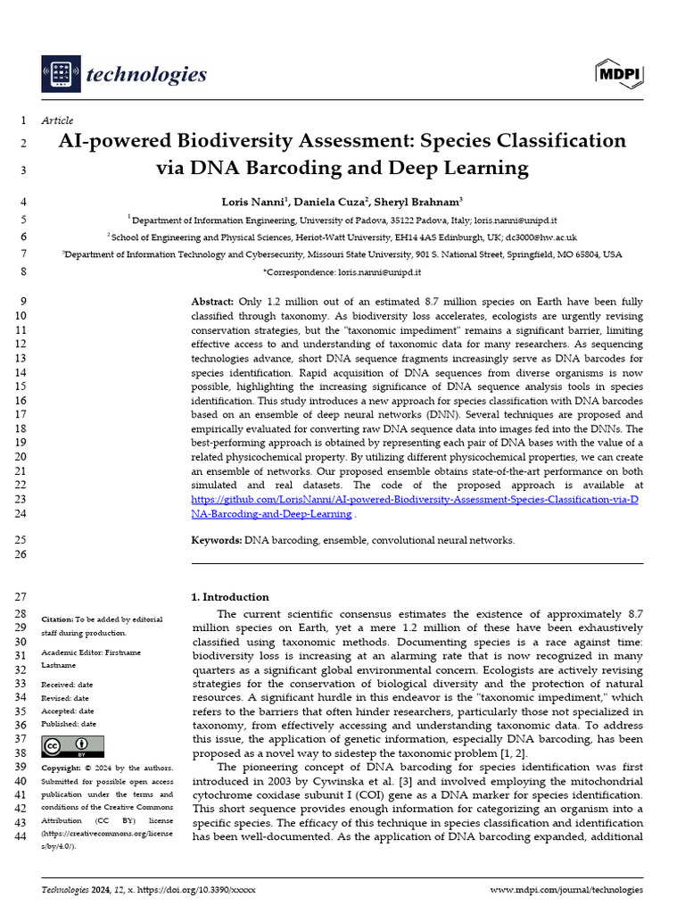 AI-powered Biodiversity Assessment Species Classification via DNA Barcoding and Deep Learning ...