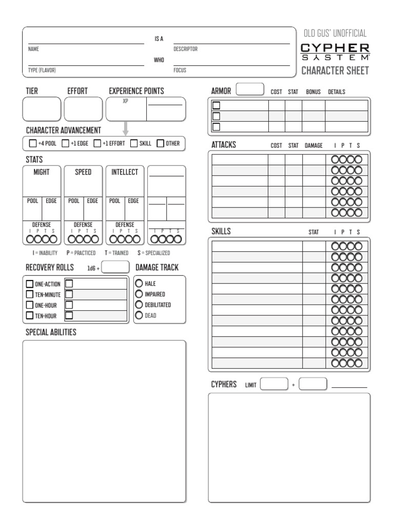 Cypher Og Cscs Old Gus Character Sheet | PDF | Role Playing | Storytelling