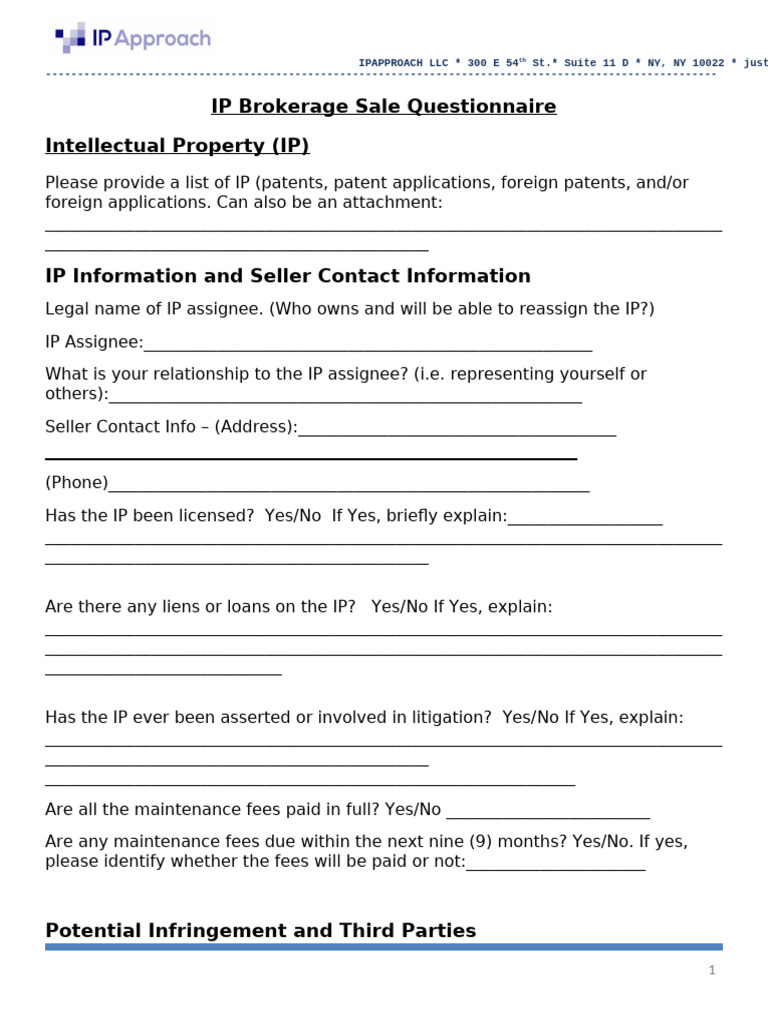 IP Brokerage Sale Questionnaire | PDF | Intellectual Property | Patent