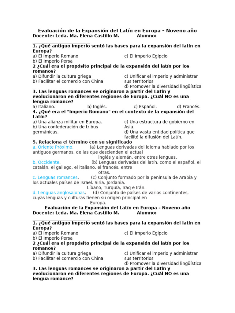 Evaluación Expansión Del Latín en Europa | PDF | latín | Idioma en Inglés