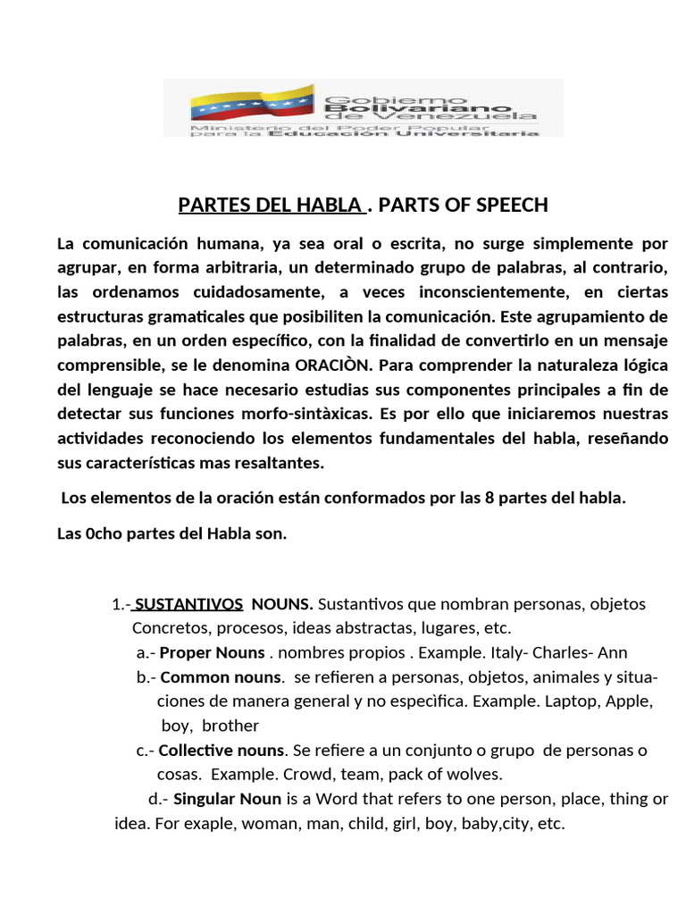 Partes Del Habla | PDF | Comunicación | Morfología Lingüística