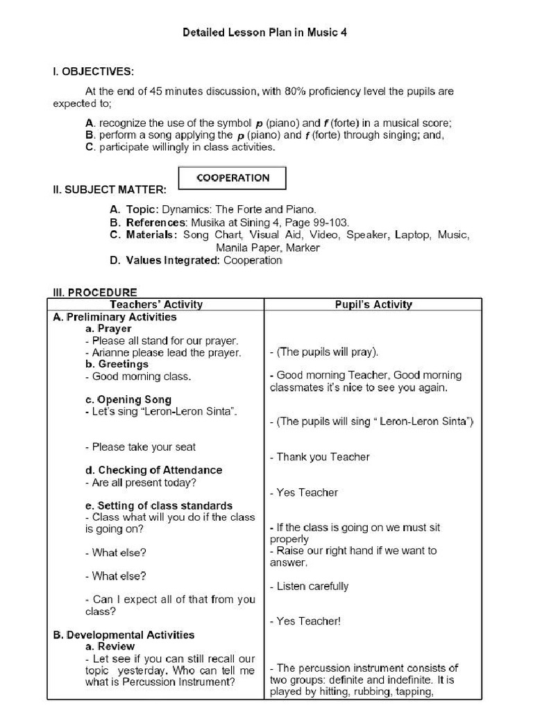 Detailed Lesson Plan Music 3 | PDF