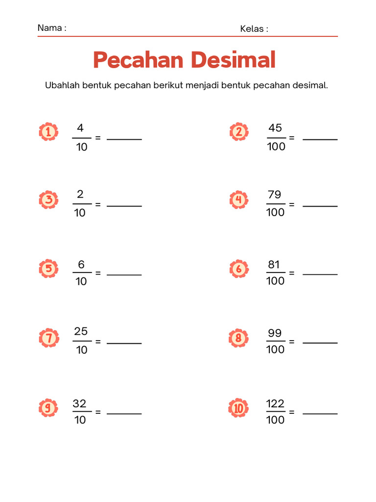 Pecahan Desimal Lembar Kerja Putih Oren Sederharna | PDF