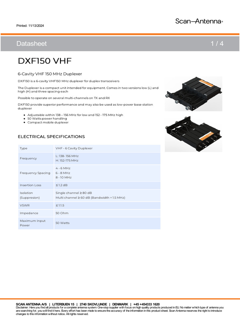 DXF150 VHF 6-Cavity Duplexer Specs | PDF | Antenna (Radio) | Very High ...