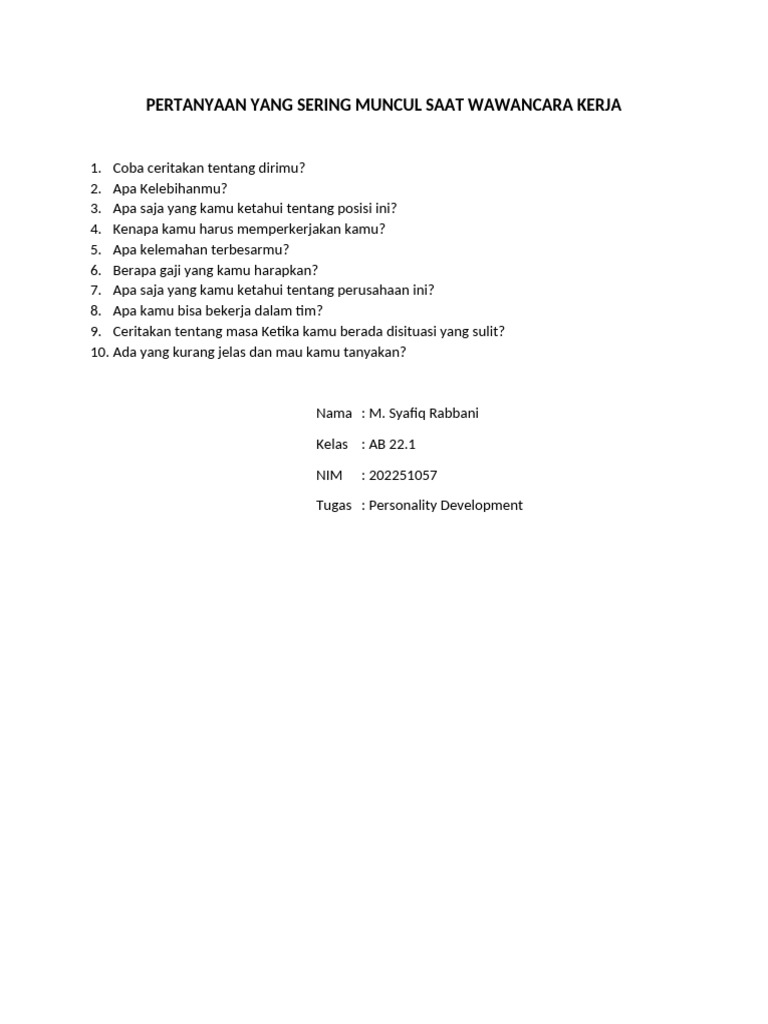 Pertanyaan Yang Sering Muncul Saat Wawancara Kerja | PDF