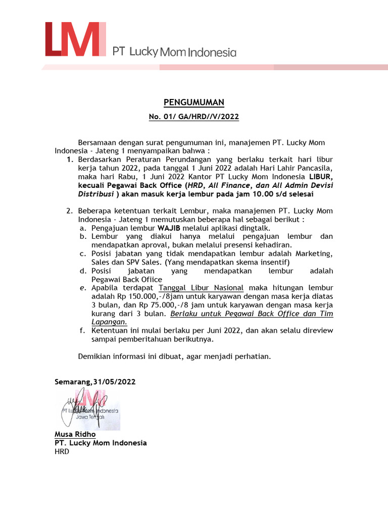 Libur dan Lembur di PT Lucky Mom 2022 | PDF