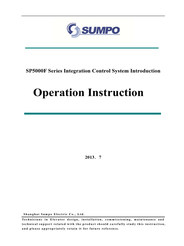 SP-5000F Control System Instructions | PDF | Elevator | Electrical Wiring