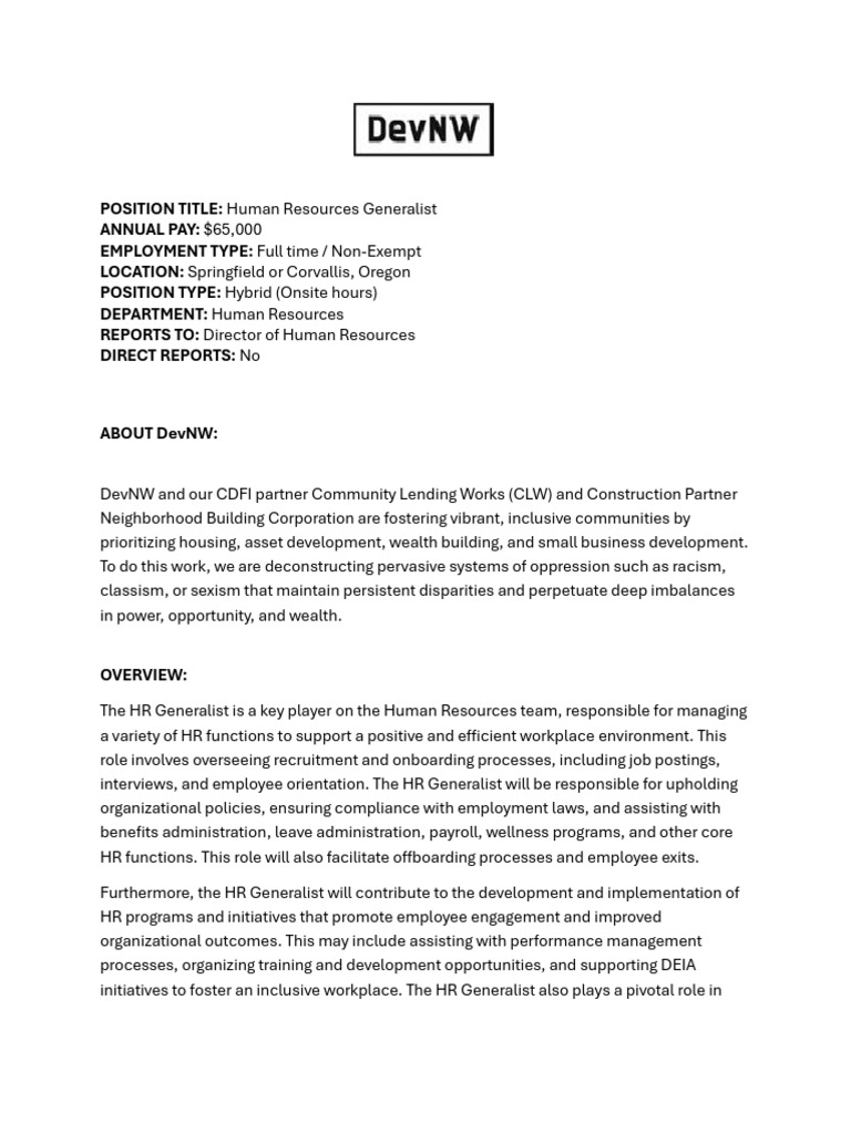 HR Generalist Job Overview at DevNW | PDF | Human Resources | Employment