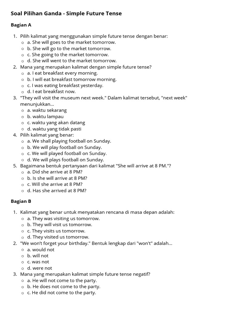 Soal Pilihan Ganda: Simple Future Tense | PDF | Linguistics