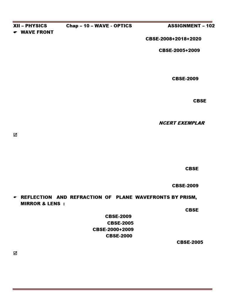 10 - 2024 - WAVE - OPTICS - ASSIGNMENT - 102 - 111 (Wave Front + Huygen's + Interference) | PDF ...