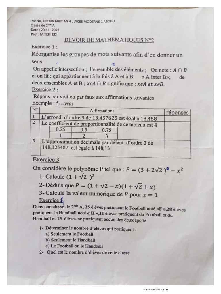 Devoir de Maths 2nde A Lym1a | PDF