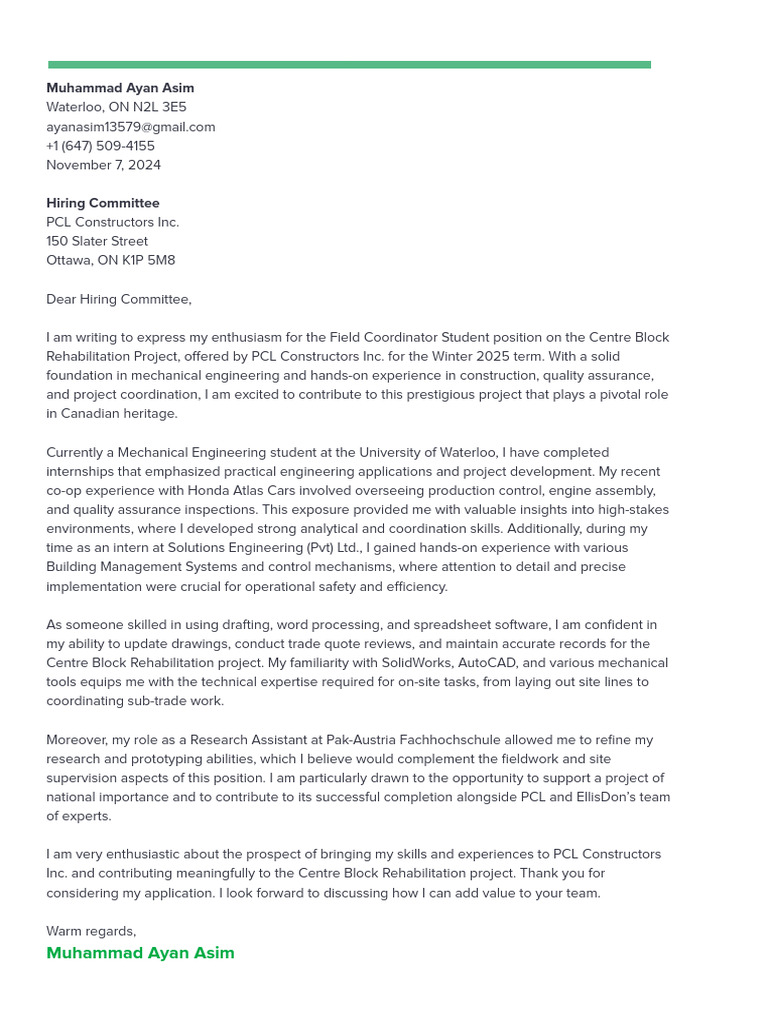 Cover Letter - PCL Construction Field Coordinator Student | PDF ...