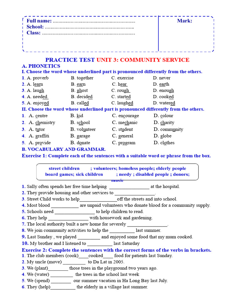 Community Service Practice Test Unit 3 | PDF | Volunteering