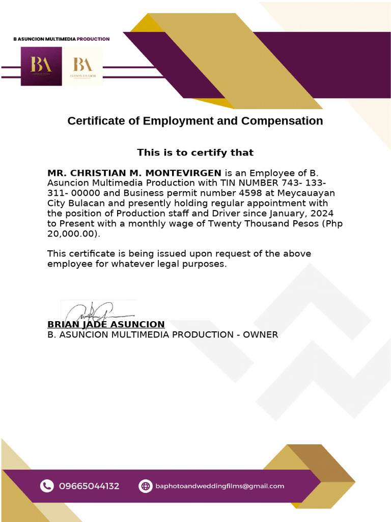 Certificate of Employment and Compensation: This Is To Certify That | PDF