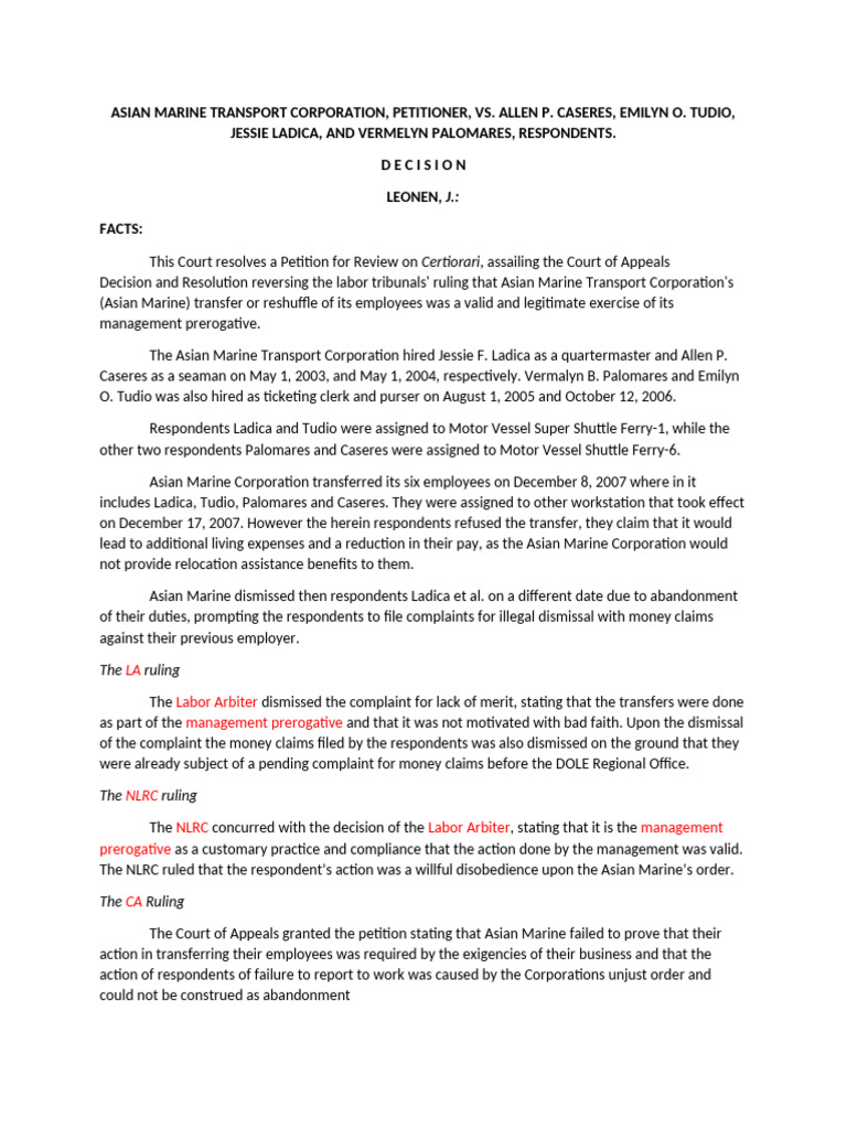 Asian Marine Transport Corporation, Petitioner, vs. Allen P. Caseres ...