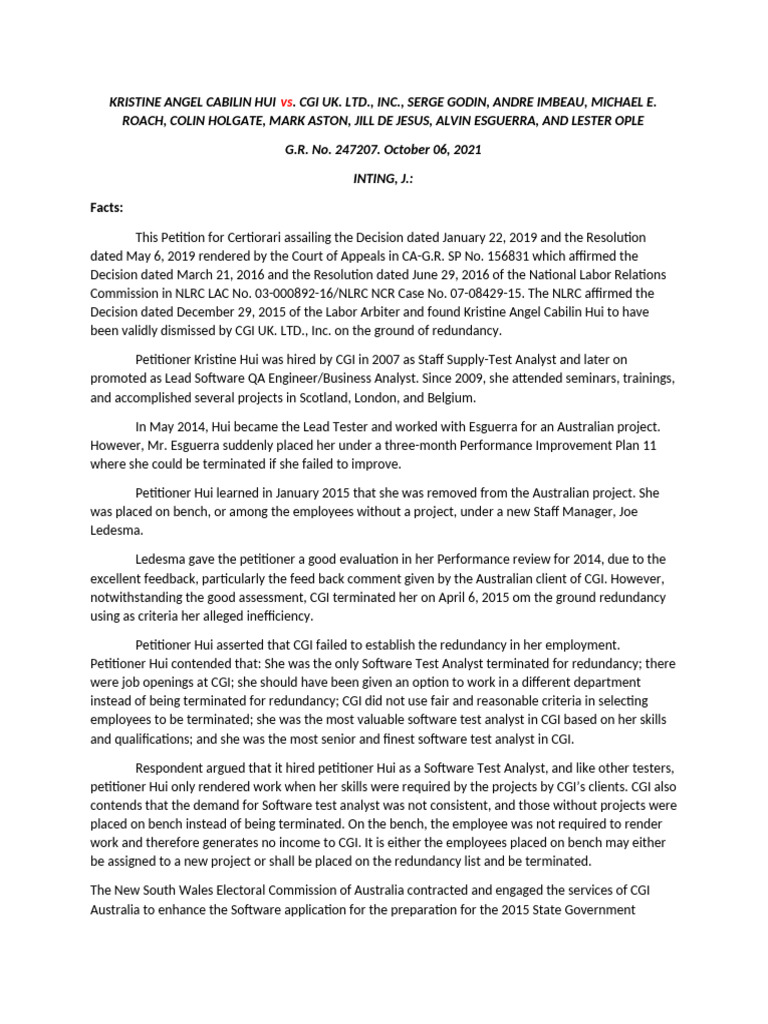 Kristine Hui vs. CGI: Redundancy Case | PDF | Employment | Layoff