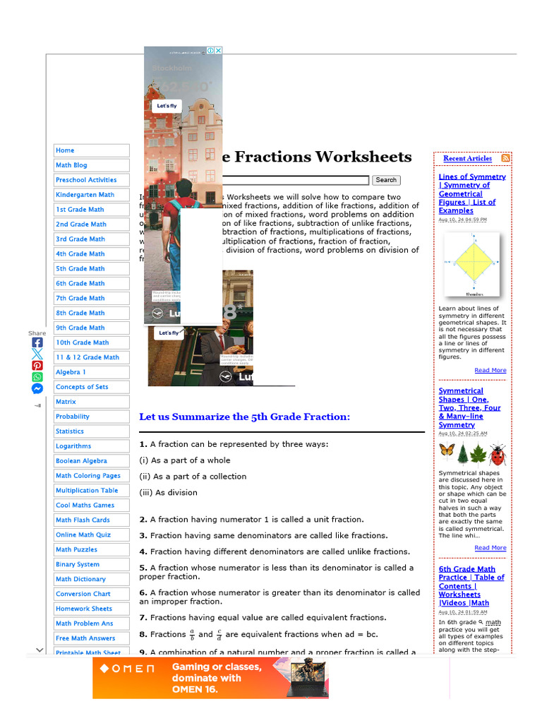 5th Grade Fractions Worksheets - Comparison of Fractions - Addition ...