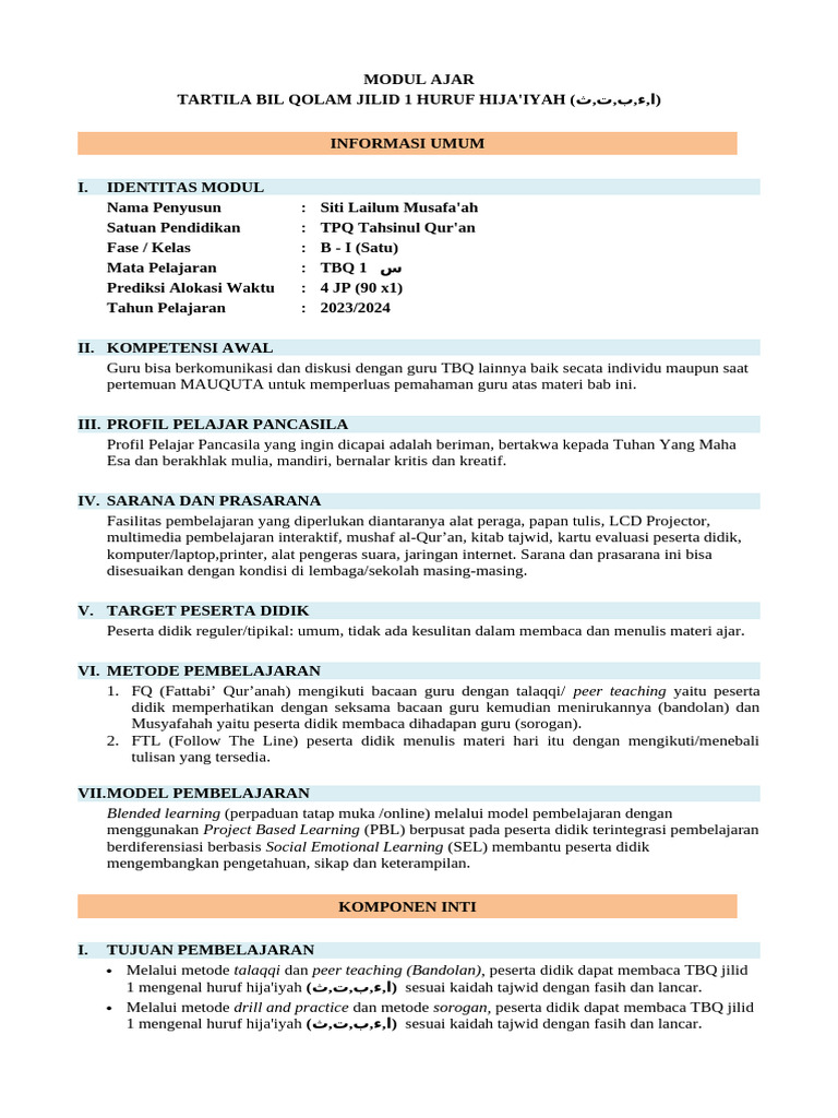 Contoh 5 Modul Ajar TBQ 1 mengenal huruf hija'iyah (ا,ء,ب,ت,ث) versi ...