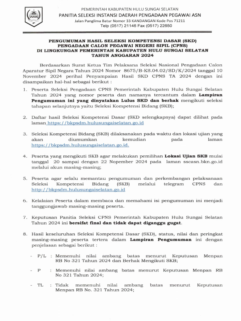 Pengumuman Hasil SKD Pengadaan CPNS Di Lingkup Pemkab HSS TA 2024 | PDF