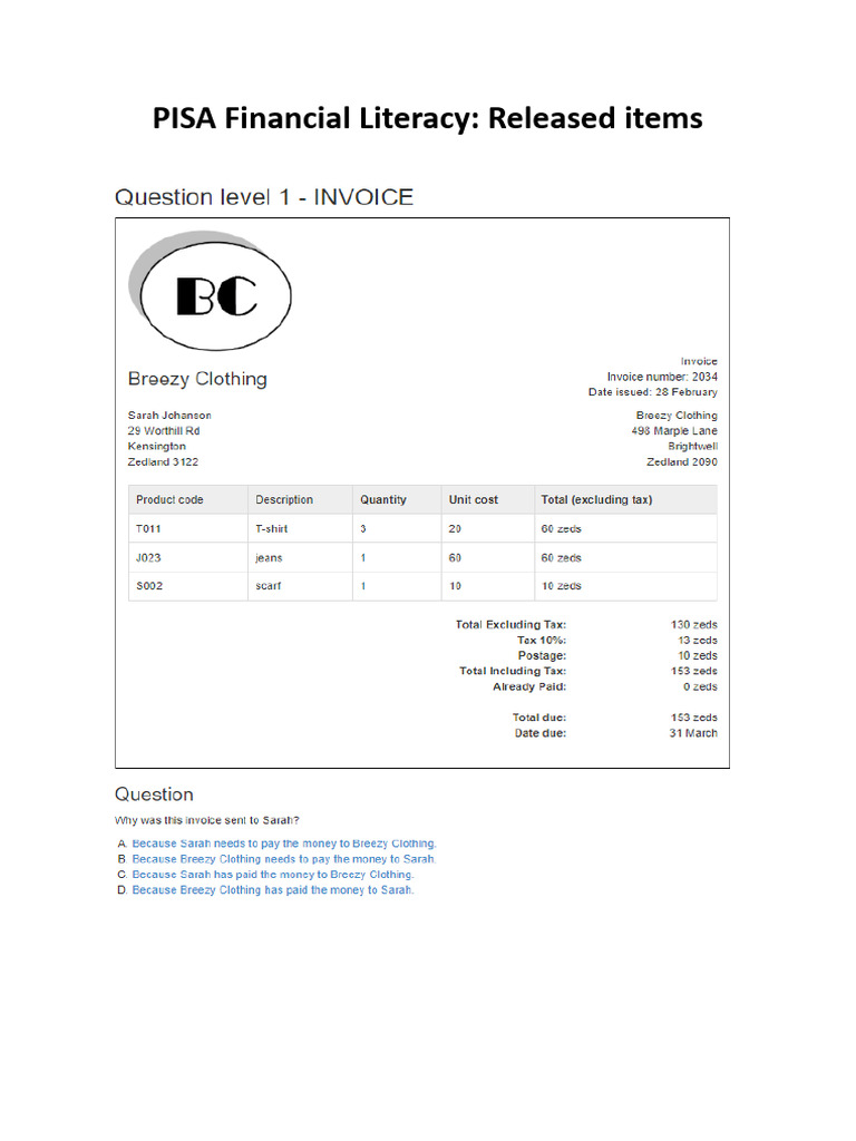 PISA Financial Literacy Released Items | PDF