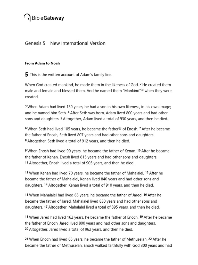 Genesis 5 NIV - From Adam To Noah - This Is The Written | PDF | Noah | Adam
