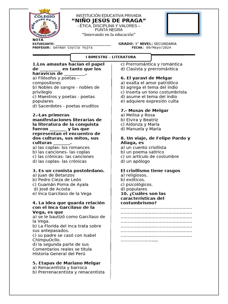 Examen de Literatura 3ro | PDF
