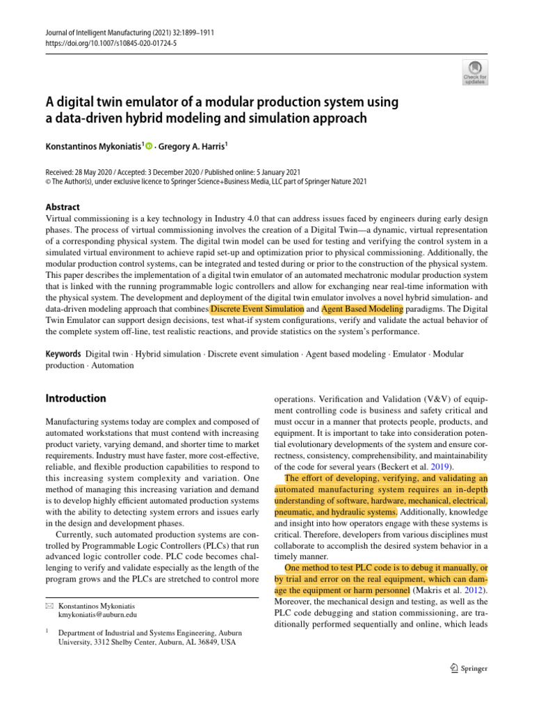 A Digital Twin Emulator of A Modular Production System Using A Data Driven Hybrid Modeling and ...