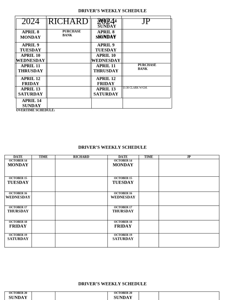 Weekly Driver Schedule Overview | PDF