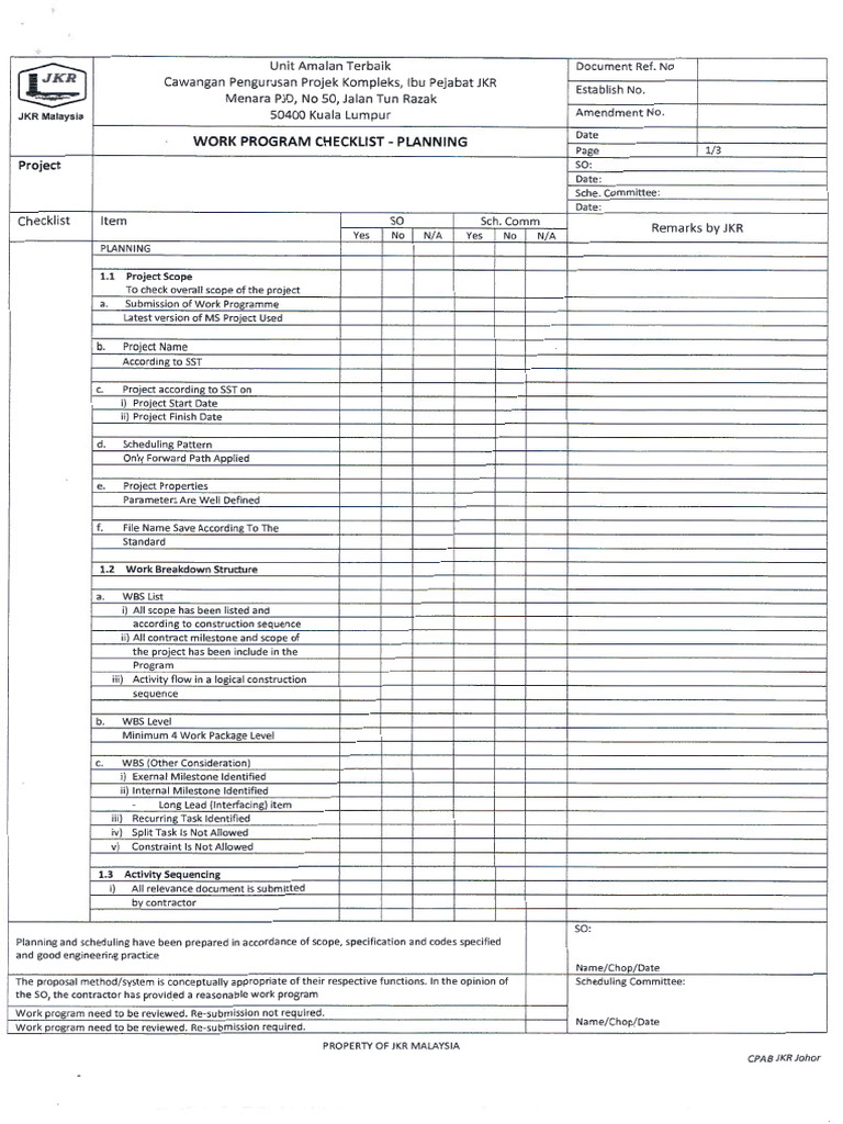 JKR FORM - CPM Submission Checklist (Planning) | PDF | Project Management | Systems Engineering