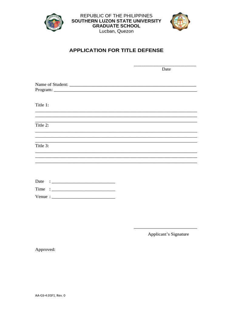 Title Defense Application Form | PDF