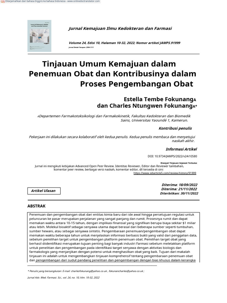 Tinjauan Umum Kemajuan Dalam Penemuan Obat Dan Kontribusinya Dalam Proses Pengembangan Obat | PDF