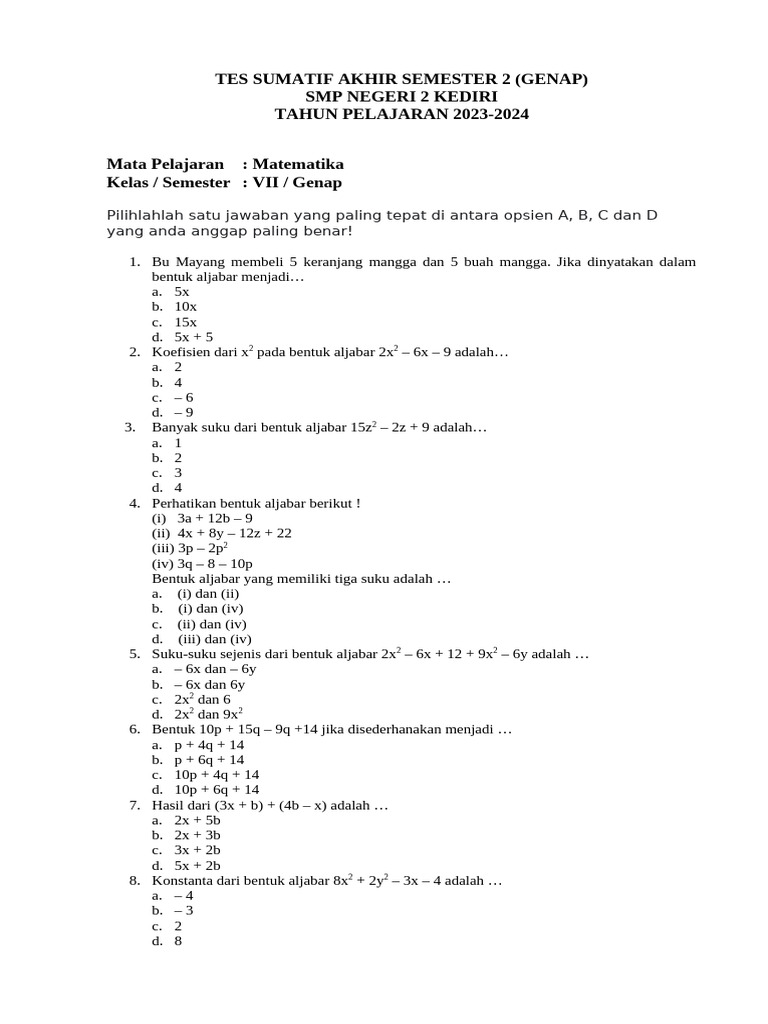 Soal SAS Genap Matematika Kelas VII | PDF