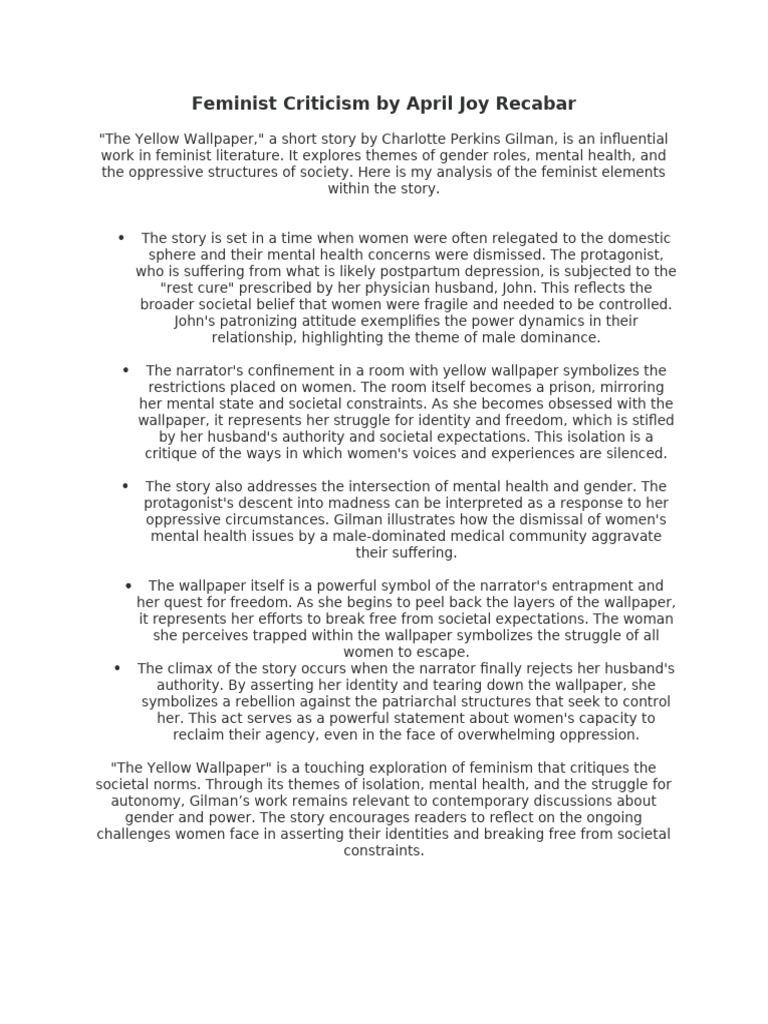 Feminist Criticism by April Joy Recabar | PDF | The Yellow Wallpaper | Feminist Theory