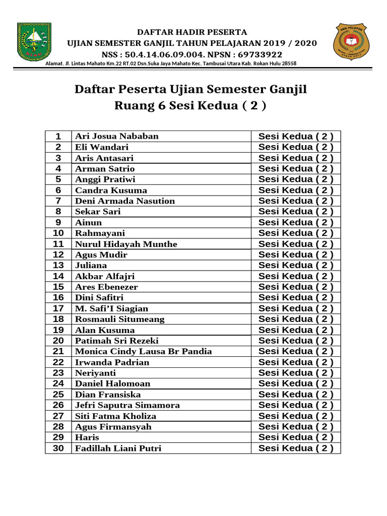 Daftar Peserta Ujian | PDF