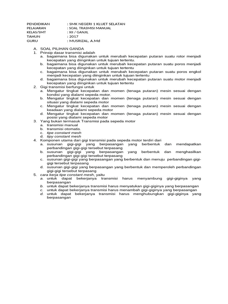 SOAL PILIHAN GANDA Transmisi Manual | PDF