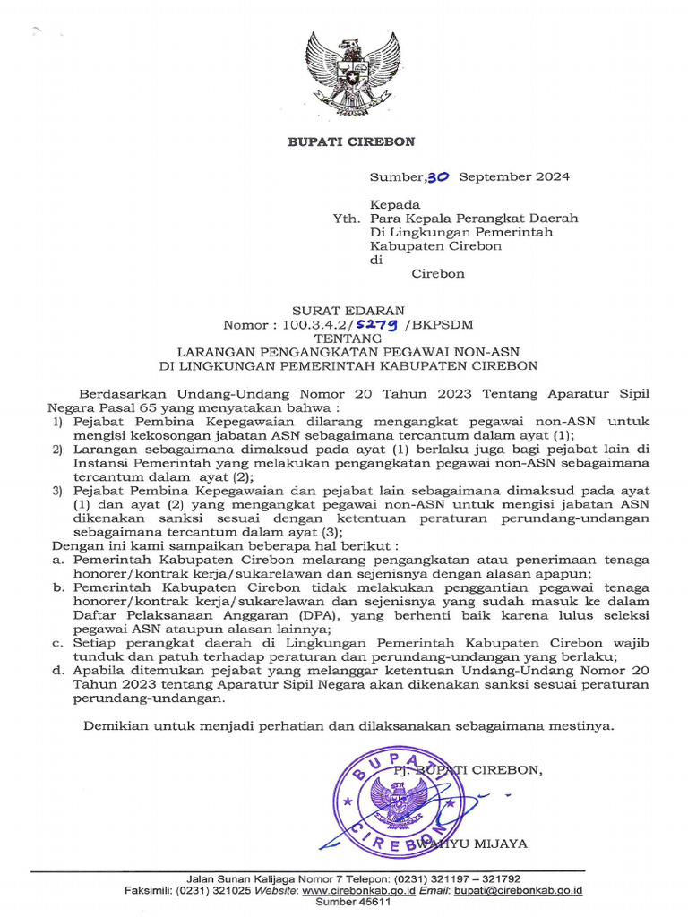 5 Surat Edaran Larangan Pengangkatan Pegawai NON ASN | PDF