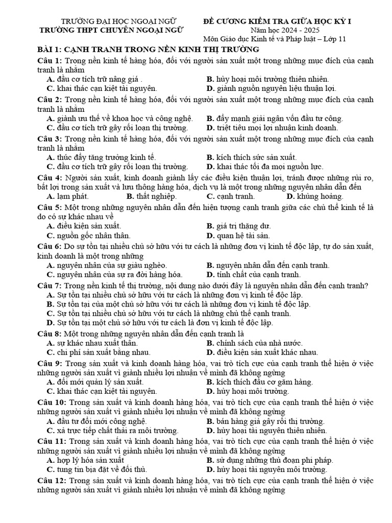 ĐỀ CƯƠNG.GIỮA HK1.K11 | PDF