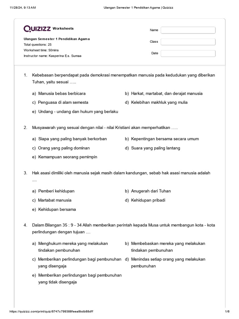 Ulangan Semester 1 Pendidikan Agama - Quizizz | PDF