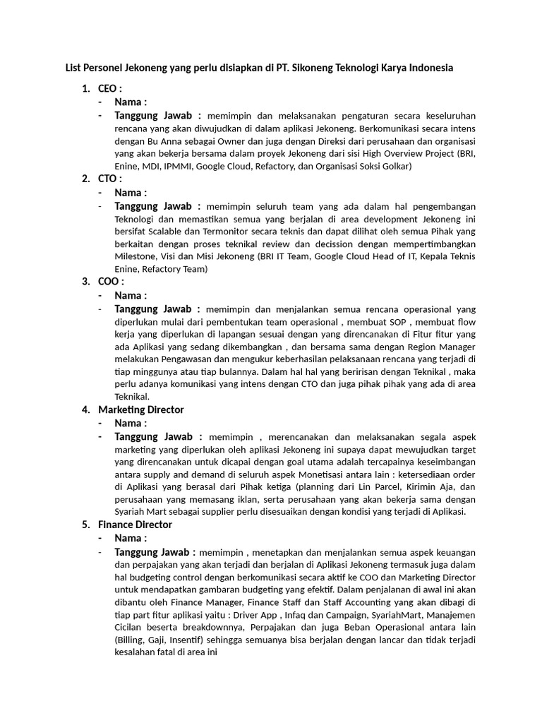 List Personel Jekoneng Yang Perlu Disiapkan Di PT Sikoneng Teknologi ...