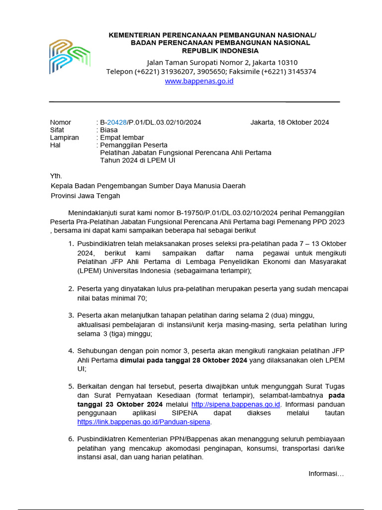 Surat Pemanggilan Pelatihan JFP Ahli Pertama UI | PDF