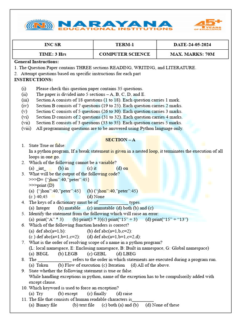 Inc - Sr-Term-1 C.S QP DT-24-05-2024 | PDF | Comma Separated Values | Computer Science