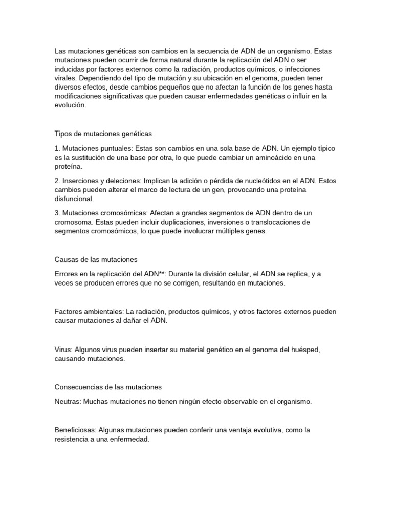 Las Mutaciones Genéticas Son Cambios en La Secuencia de ADN de Un Organismo | PDF | Mutación | Adn