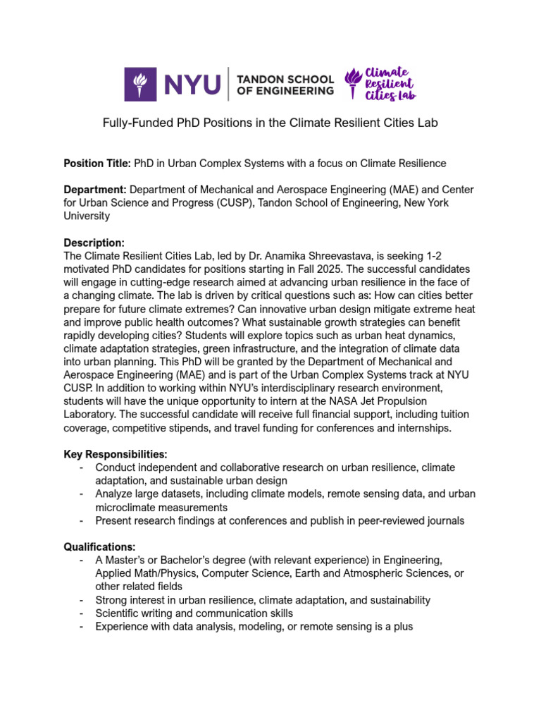 PHD Positions - New York University, USA | PDF | Engineering | Doctor ...
