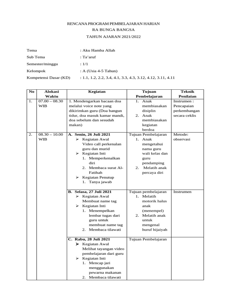 Rencana Program Pembelajaran Harian (A) | PDF