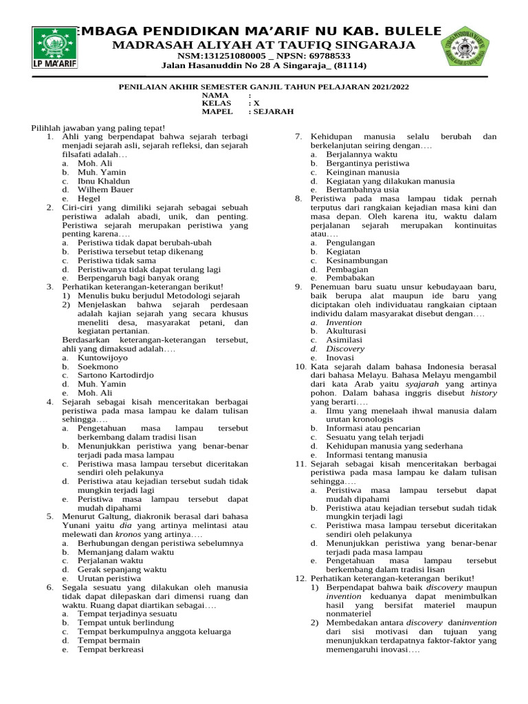 Pas Sejarah Kls X 2021 Ganjil | PDF