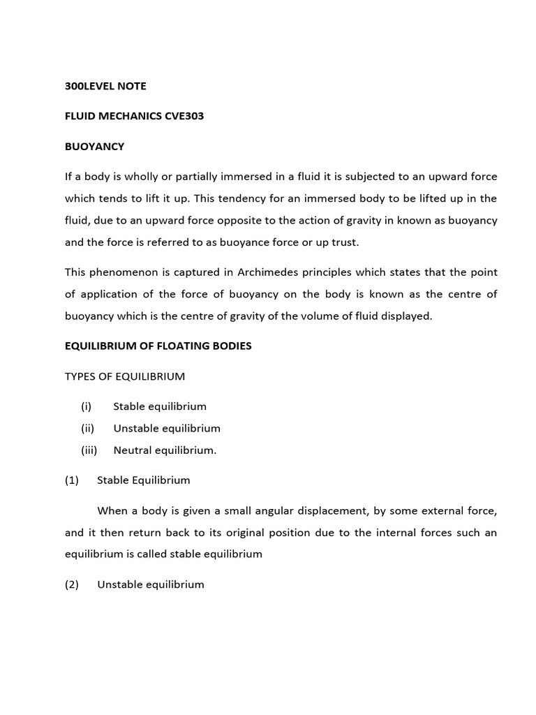 Boyancy (CVE 303) Fluild Mechanics | PDF | Fluid Mechanics | Fluid Dynamics