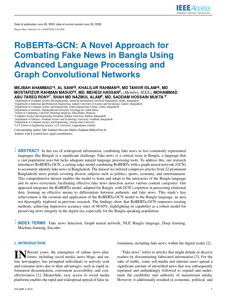 RoBERTa-GCN: Detecting Bangla Fake News | PDF | Parsing | Machine Learning