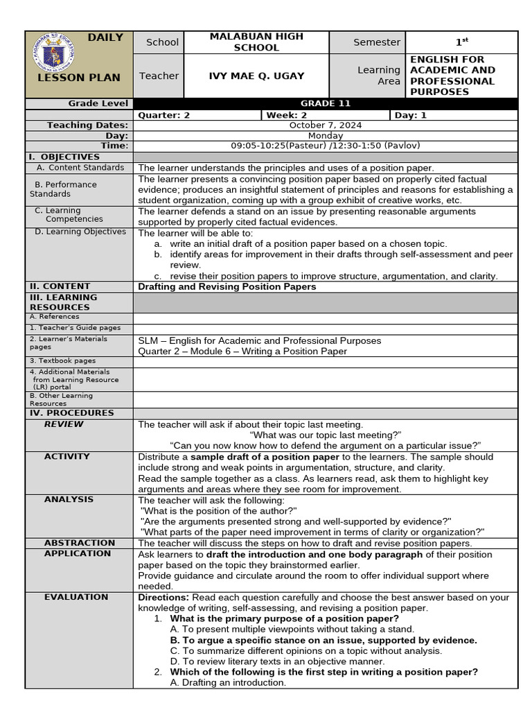 DLP - October 7, 2024 - Drafting and Revising A Position Paper | PDF ...