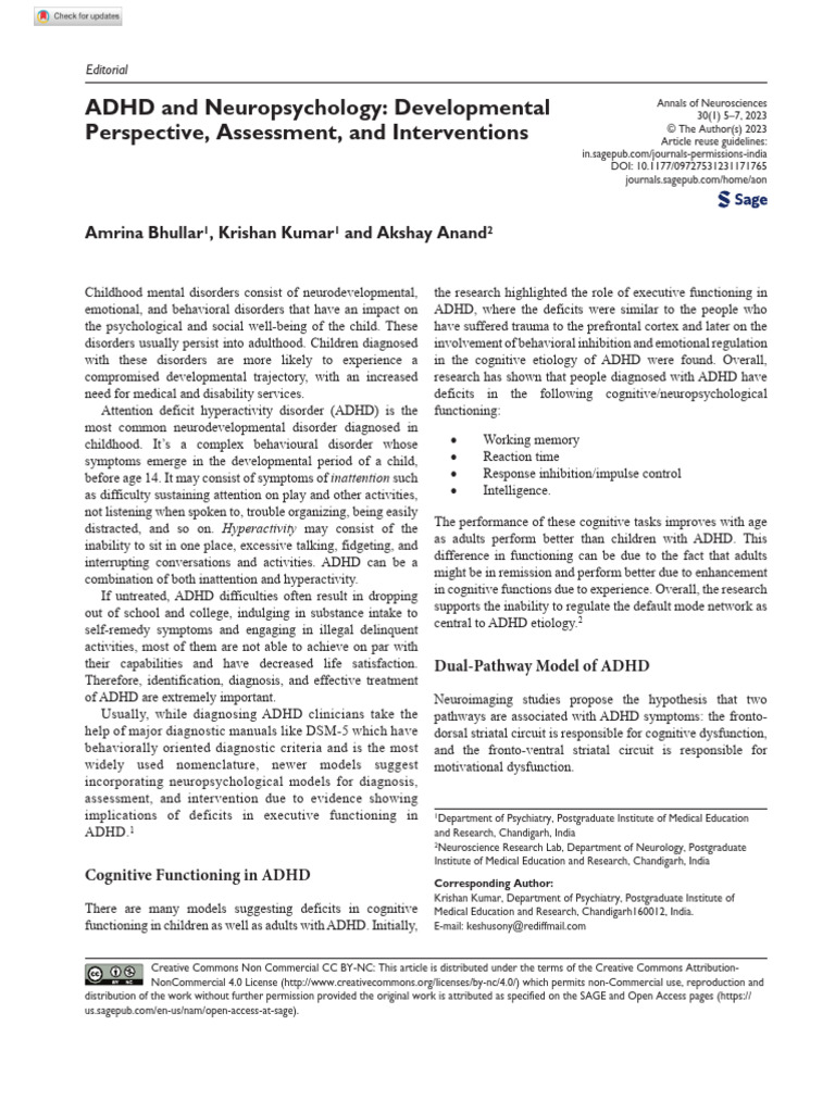 Bhullar Et Al 2023 Adhd and Neuropsychology Developmental Perspective Assessment and ...